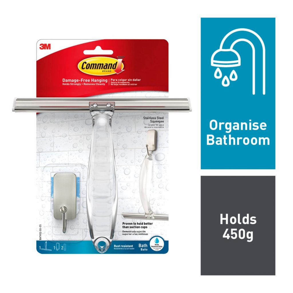 3M Command Stainless Steel Bath Squeegee and Satin Nickel Hook ...